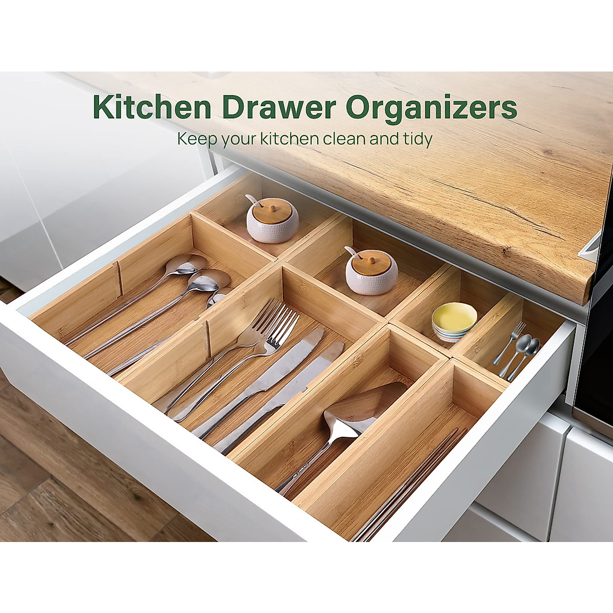 Kootek 6 Pcs Bamboo Drawer Organizer Utensil Tray Kitchen Storage Box 3-Size Versatile Dividers Cutlery Holders Bins Containers for Flatware Kitchen Utensils