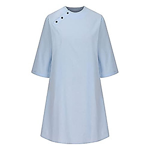 Women Half Sleeve Button Cotton Linen Dress Simple Solid Color Crewneck Loose Casual Fashion Beach Dresses