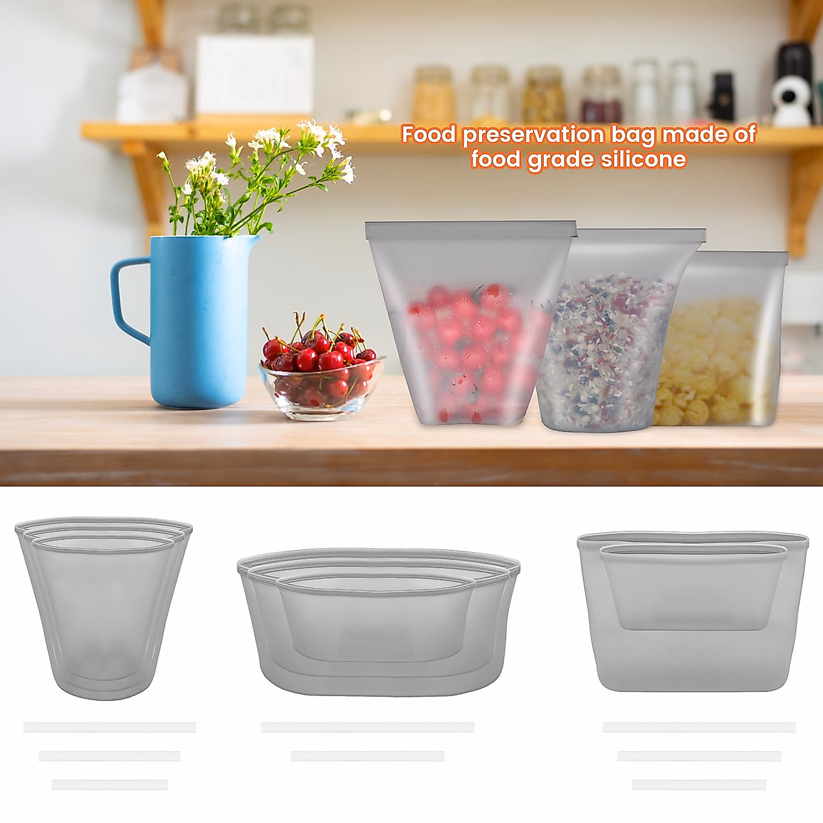 8 Pack Silicone Food Bags, Silicone Reusable Freezer Bag, Reusable Bags, Freezer Microwave Oven Dishwasher Safe for Food Leftover Travel Camping (Gray)