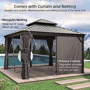 PURPLE LEAF 12' X 12' Permanent Hardtop Gazebo Aluminum Gazebo with Galvanized Steel Double Roof for Patio Lawn and Garden, Curtains and Netting Included, Grey