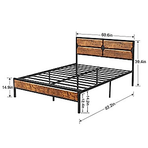 VECELO Bed Frame Queen Size with Wooden Headboard & Footboard, Metal Platform Mattress Foundation with Strong Slats Support& Storage Space, No Box Spring Needed/Easily Assemble,Brown