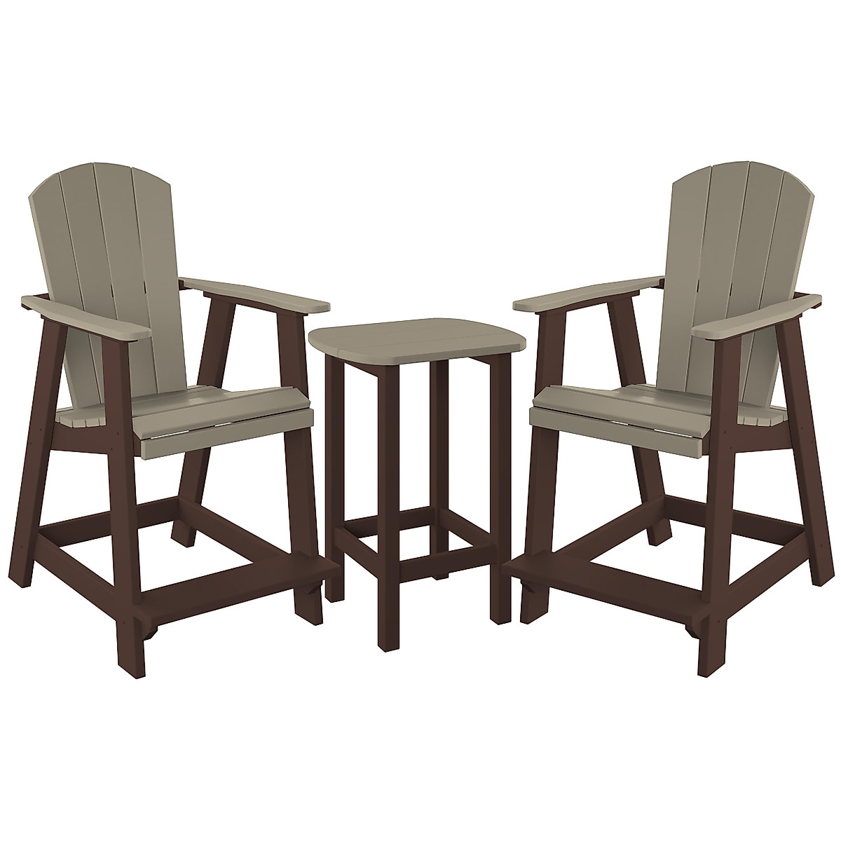 DutchCrafters Recycled Poly Balcony Bistro Set, Table with 2 Adirondack Style Chairs, Counter Height, 3 Piece Patio Furniture Set, Amish Made in USA (Weatherwood & Tudor Brown)