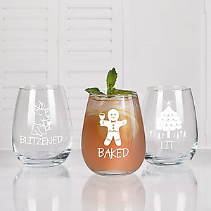 Set of 4 Christmas Stemless Wine Glass - Funny Christmas Themed Wine Glass for Holiday Party Decorative - Unique Christmas Gifts for Family Friends Coworkers or Daily Use 15 Oz