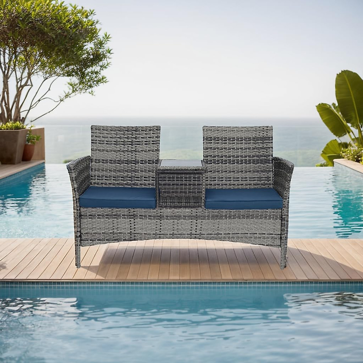 Patio Loveseat Set 2-seat Leisure Furniture with Coffee Table and Soft Cushion, Suitable forLawn Garden,Courtyard, Strong Weather Resistance Outdoor (Grey)