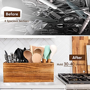 Yumkfoi Extra Large Utensil Holder, 4 Sections Wooden Utensil Organizer, Farmhouse Kitchen Utensil Organizer for Countertop, Rustic Utensil Caddy Crock Counter Organizer and Cooking Tools Storage
