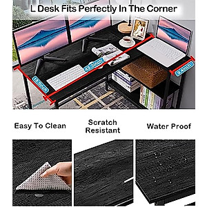 WOODYNLUX L Shaped Computer Desk - Home Office Desk with Shelf, Gaming Desk Corner Table for Work, Writing and Study, Space-Saving, Black