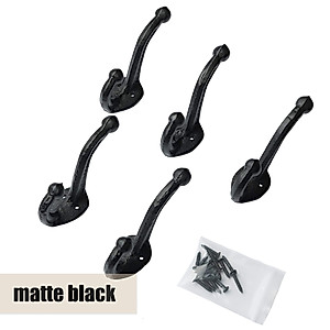 Rustic Hooks, Matte Black Cast Iron Wall Hooks (Set of 5), Modern Farmhouse Decor, Matching Screws Included - Easy to Install. Sturdy and Heavy Coat Hooks Hardware, Decorative Hooks, Farmhouse Hooks