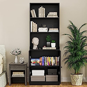 Cozy Castle 75 Inch Tall Bookshelf with Doors, Modern Floor Standing 5-Tier Bookcase with Storage Cabinet and Adjustable Shelves for Living Room, Office, Bedroom 27.6" W x 15.7" D x 75.6" H, Black
