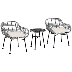 Outsunny 3 Piece Patio Set, Outdoor Bistro Furniture, PE Rattan Wicker Table and Chairs, Cushioned, Hand Woven, Modern Look with Tempered Glass for Garden, Porch, Pool, Backyard, Cream White