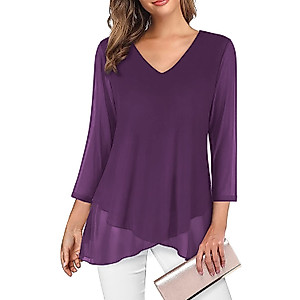 SeSe Code Womens Tunic Tops, 3/4 Sleeve Shirt Dressy Casual Blouse For Wedding Flattering Top To Hide Tummy Semi Formal Ladies Dress Shirts Elegant Purple Large