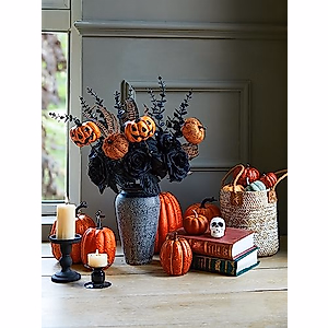 Anna's Whimsy 10PCS Halloween Decor Artificial Flowers Black Roses with Pumpkins, Halloween Table Centerpiece for Dining Kitchen Living Room Bedroom Front Door, Silk Flowers Bouquet Indoor Outdoor
