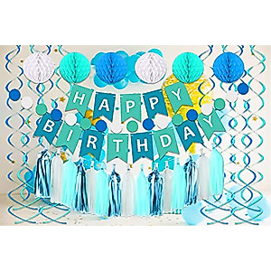 Blue Birthday Party Decorations, Blue Happy Birthday Banner for Kids Birthday Decorations, Blue Tissue Paper Tassels Garland Honeycomb Balls Swirls Streamers for Boys Girls Family Birthday Decorations