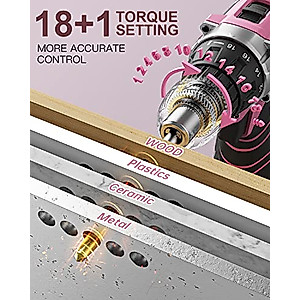 Pink Drill, OUBEL 12V Pink Cordless Drill Set, Pink Drill Set for Women, Power Drill, 2.0AH Battery, 18+1 Torque Setting, 3/8" Keyless Chuck, 2 Variable Speed, 15Pcs Driver/Drill Bits and Storage Bag