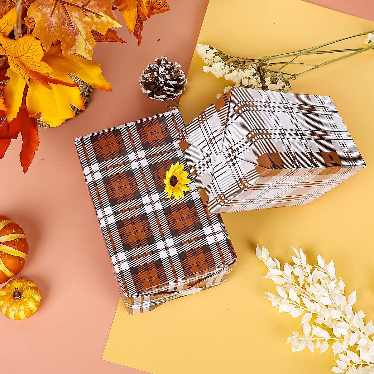 Whaline 12 Sheet Fall Gift Wrapping Paper 6 Design Orange Buffalo Plaids Printed Wrapping Sheet Autumn Theme Decorative Art DIY Craft Paper for Fall Celebration Gift Packing, 19.7 x 27.6 Inch