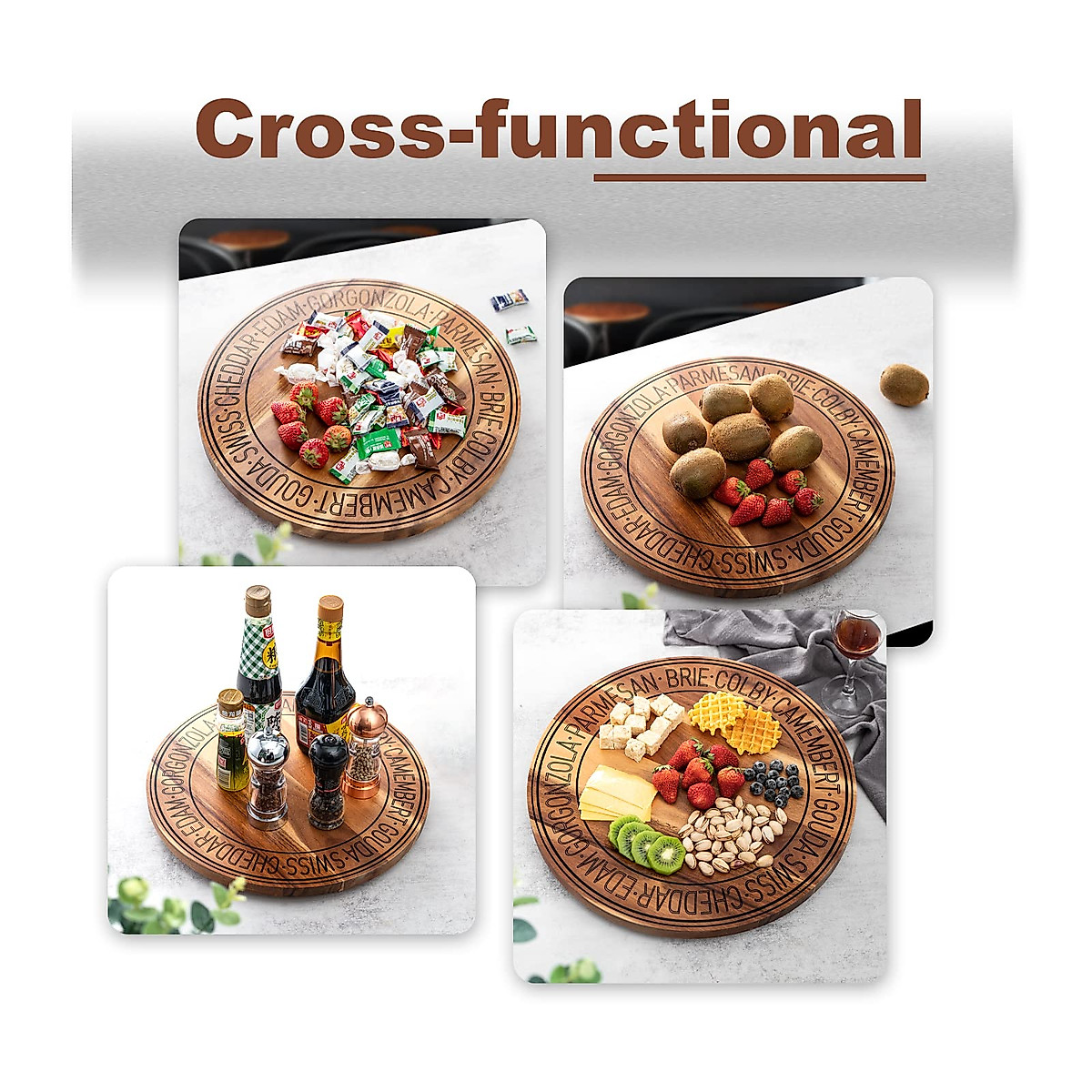 15" Acacia Wood Lazy Susan Organizer for Table - Wooden Lazy Susan Organizer for Cabinet - Kitchen Turntable Storage Food Bins Container for Pantry, Countertop Spice Rack