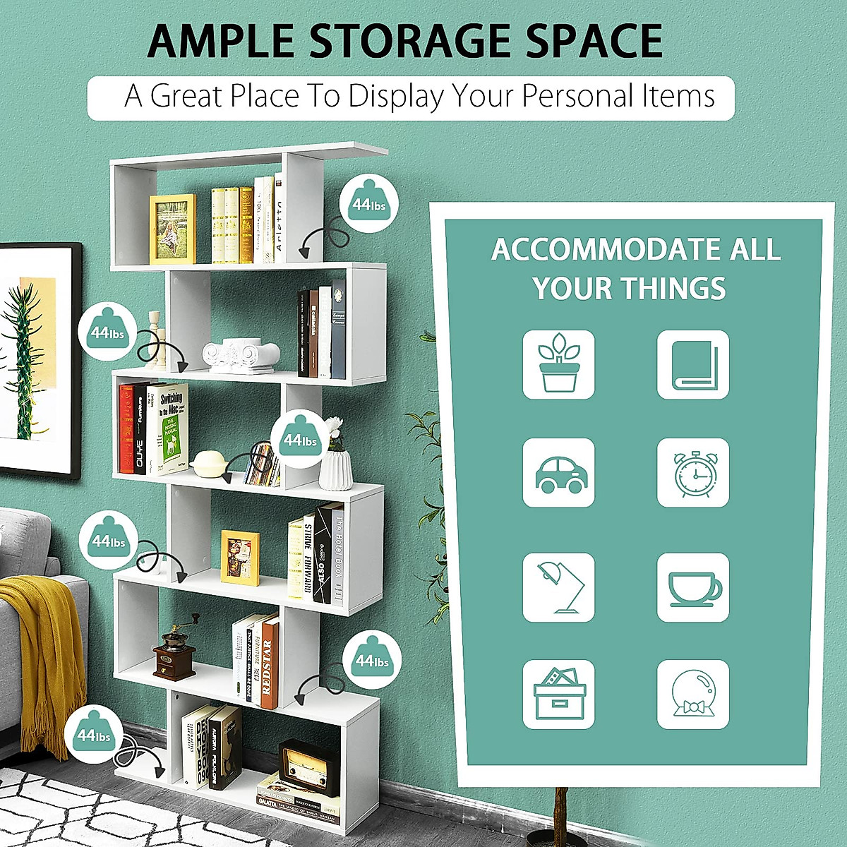 IFANNY 6 Tier S Shaped Bookshelf, Wooden Open Bookcase w/Anti-Tipping Device, Display Shelf Storage Organizer for Home, Office, Living Room, 31.5 x 9 x 75 inch