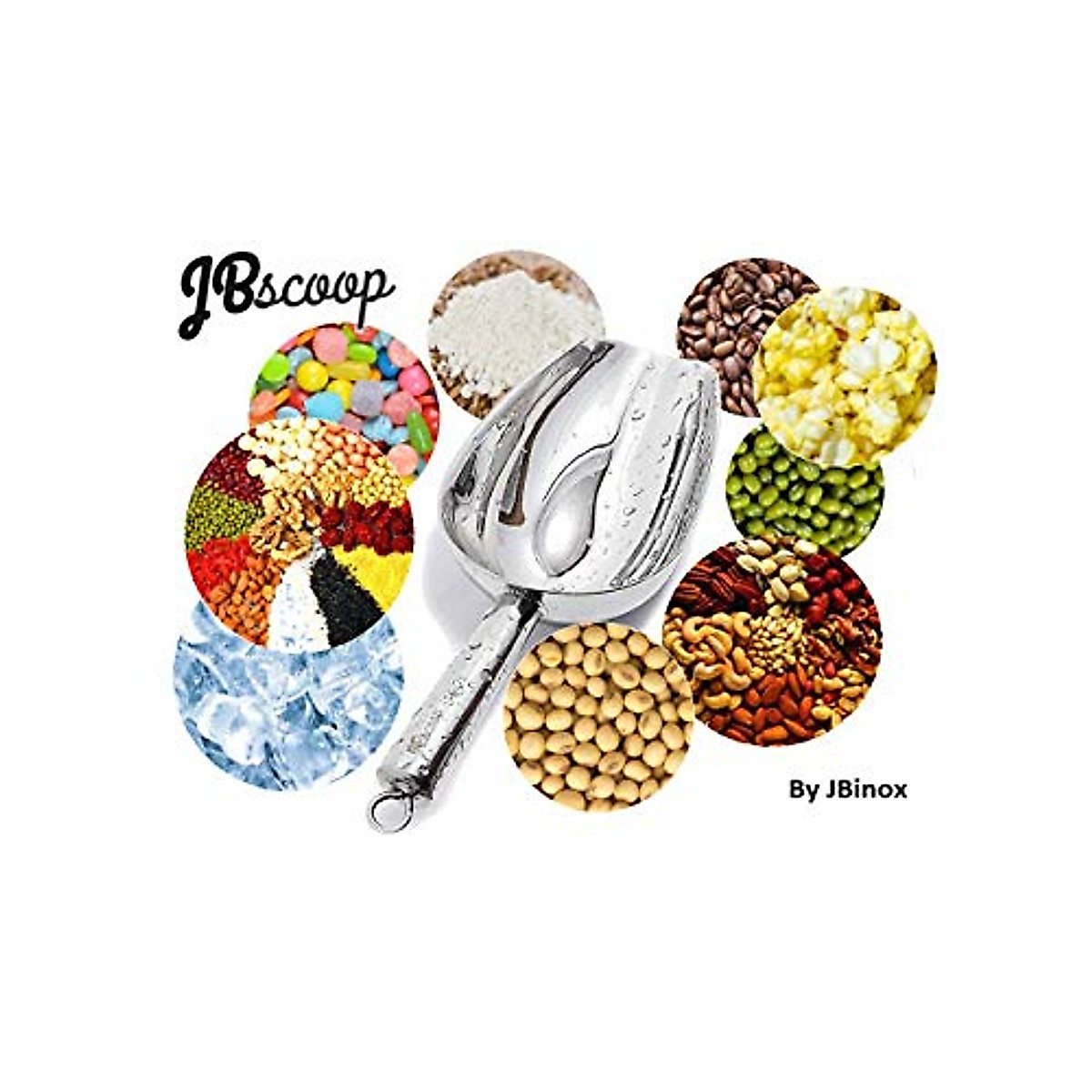 JBscoop Stainless Steel Scoop for ice, 9.6 Inch Metal Food Scoop Kitchen Bar Party Wedding Heavy Duty Dishwasher Safe - 8 Oz