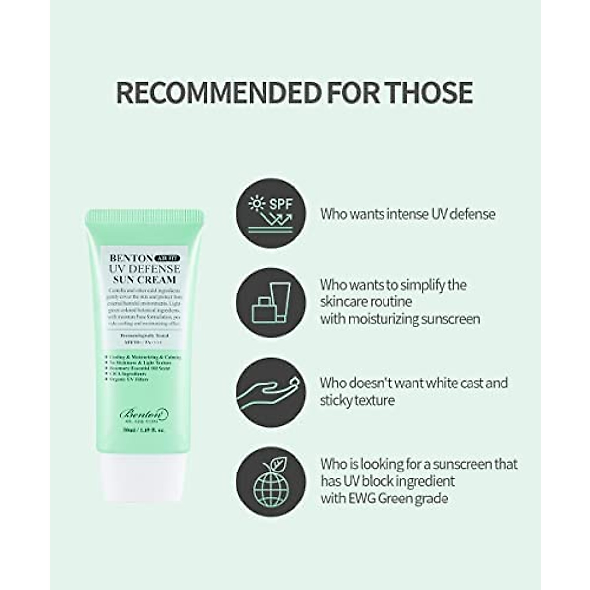 Benton Air Fit UV Defense Sun Cream, SPF 50/PA++++, 1.69 fl oz (50 ml), UV Protection, Brightening, Wrinkle Care, Without White Cast, Lightweight yet Moisturizing, Soothing and Calming Properties, Maintaining Youthful Skin