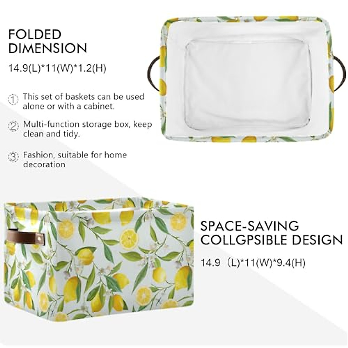 MNSRUU Storage Basket Lemon Floral Collapsible Organizer Basket with PU Handles, Waterproof Nursery Laundry Basket Kids' Toy Storage Basket,2 Pack