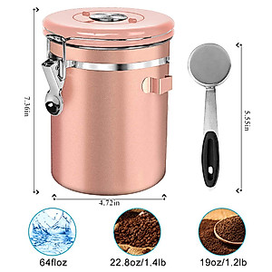 NEX Coffee Canister, 22oz Airtight Stainless Steel Coffee Kitchen Food Storage Container with Scoop, Date Tracker and CO2 Release Valve for Beans, Ground, Tea, Flour, Cereal, Sugar, Rose Gold