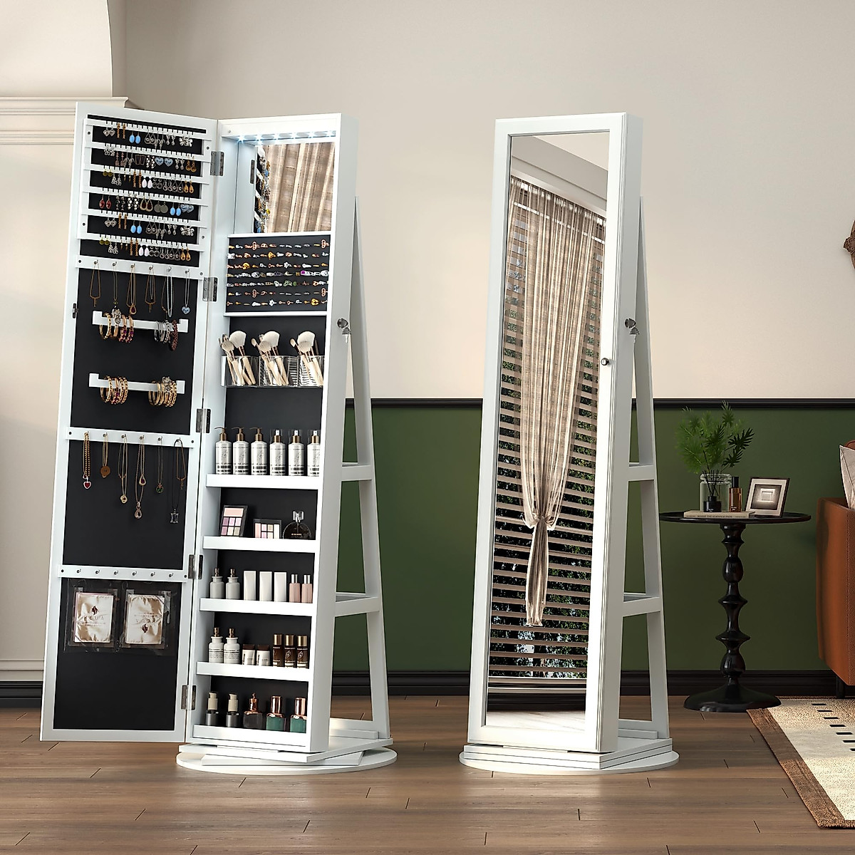 LVSOMT LED Mirror Jewelry Cabinet Standing, 360° Swivel Jewelry Organizers and Storage, Farmhouse Mirror with Jewelry Storage, Lighted Jewelry Armoire with Full Length Mirror (Pure White)