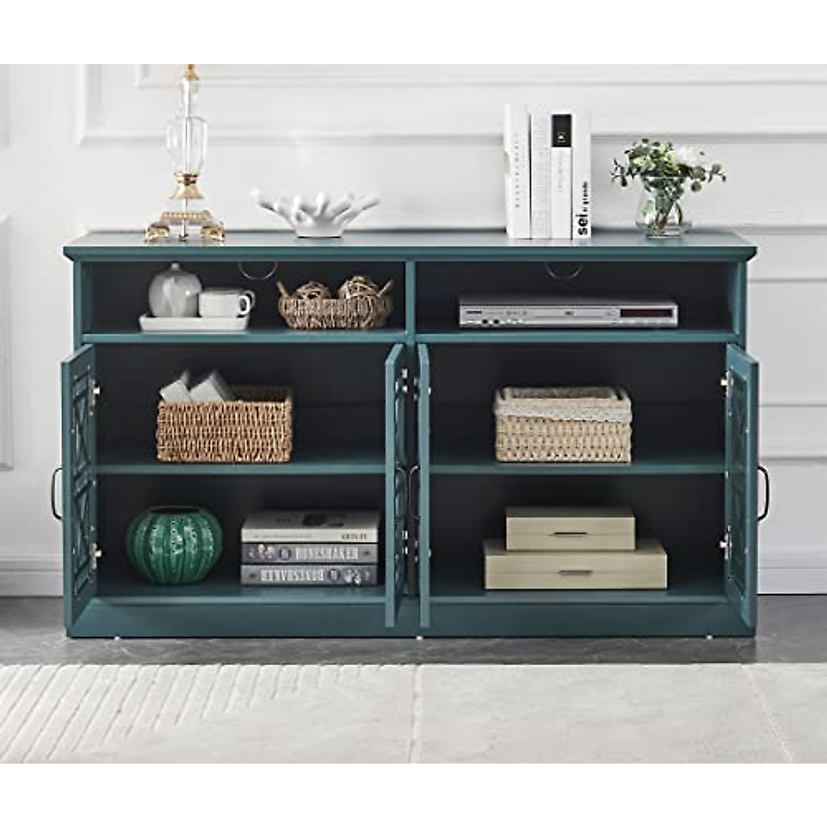 WTRAVEL Buffet Sideboard Kitchen Buffet Storage Cabinet, 4 Doors Storage Cabinet with Adjustable Shelves, Wood Console Table for Kitchen, Dining, Living Room, Dark Teal