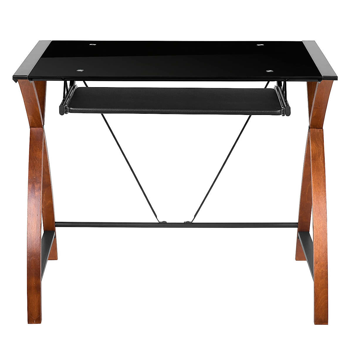 EMMA + OLIVER Black Glass Computer Desk with Pull-Out Keyboard Tray and Crisscross Frame