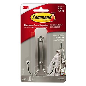 Command Large Brushed Nickel Double Hook, 1 Hook and 1 Command Strip, Damage Free Hanging Wall Hooks with Adhesive Strips, Coat Hooks for Hanging Christmas Decorations, Holds up to 4 lb