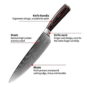 Chef Knife-GADODO Kitchen Knife, German high carbon stainless steel 8-inch paring knife chef knife, ergonomic simulation painted textured wooden handle, super sharp