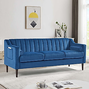 3 Seater Velvet Chesterfield Sofa, 77" Mid-Century Tufted Comfortable Upholstered Sofa Couch with Storage Side Pocket for Living Room Bedroom Office Apartment (Blue)