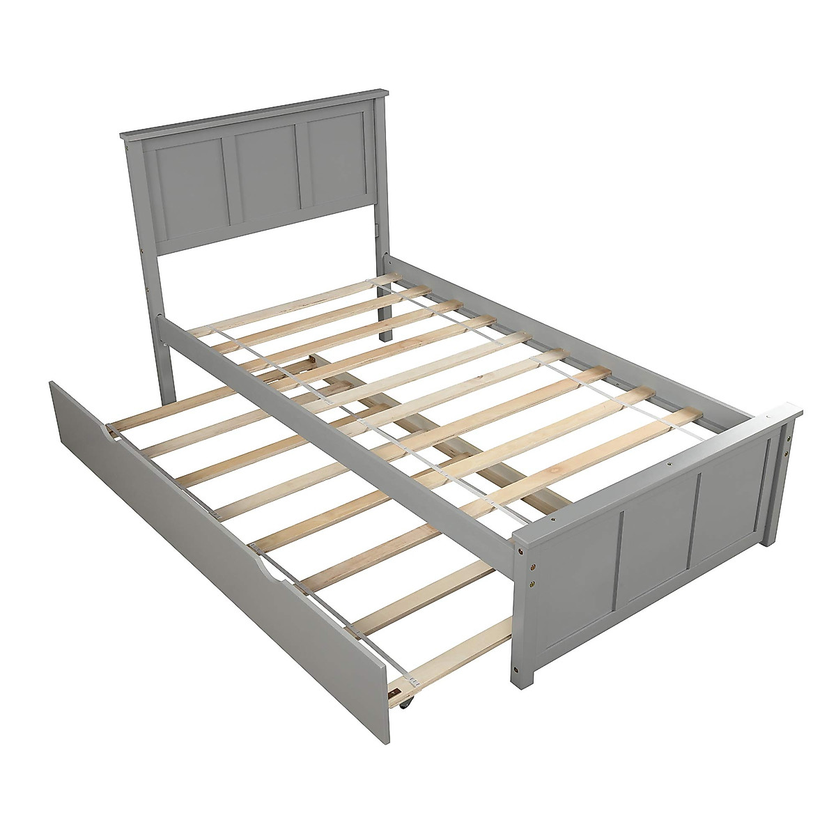 P PURLOVE Twin Size Bed Frame with Trundle,Wood Platform Bed with Twin Size Trundle Bed,Twin Platform Bed Frame with Headboard with Slat Support, No Box Spring Need
