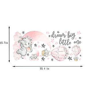 Dream Big Little One Elephant Wall Stickers, Pink Moon Hot Air Balloon Grey Stars Wall Decals for Nursery Kids Room Living Room Bedroom Decorations Home Decor