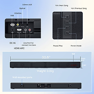 GEOYEAO Sound Bar, Bass Speakers for Smart TV with Dual Subwoofer 3D Surround Sound System, 32 Inch 2.2CH Home Theater Audio Soundbar, HDMI ARC Connection, 2 in 1 Detachable & Wall Mountable
