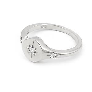 Sterling Silver Signet Ring, Cz Ring, North Star Ring, Polaris Ring, Unique Silver Ring, Star Signet Ring, Starburst Ring, Celestial Ring (White, 9), Yellow,White (Ajr0015)
