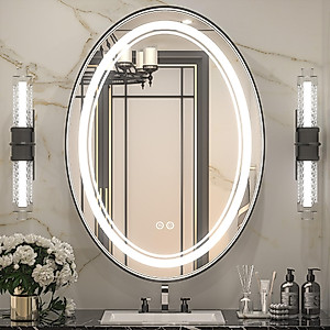 Keonjinn 22 x 30 Inch Oval LED Mirror for Bathroom with Front Lights Black Framed 3 Color Temperature Wall Mounted Vanity Mirror Dimmable Waterproof IP54