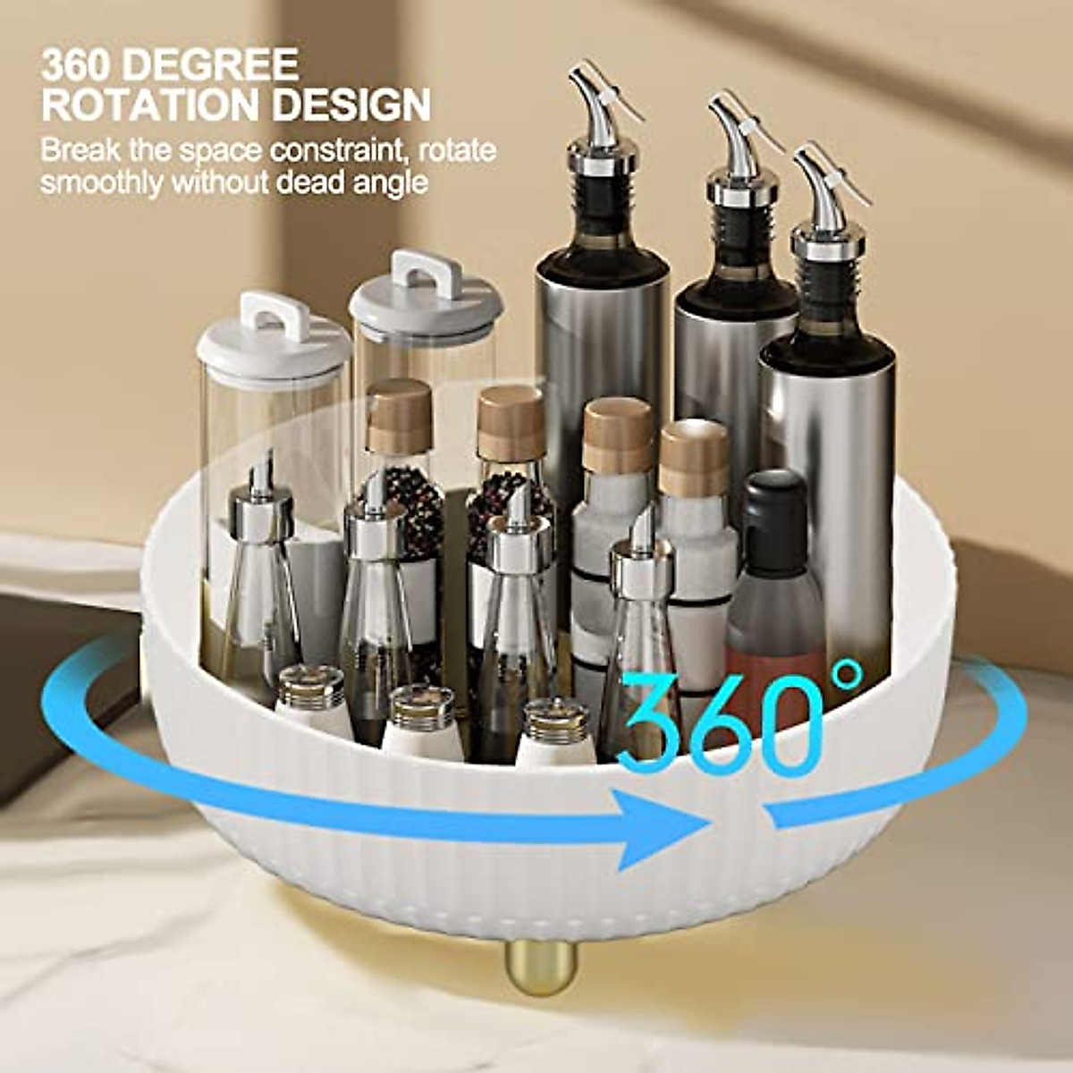 360 Degree Rotating Storage Rack Organizer Round Cosmetic Spice Rack Turntable for Kitchen Cabinet Pantry Small (White)