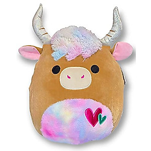 Squishmallows Official Kellytoy 16 Inch Candela Brown Highland Cow with Rainbow Fuzzy Mane and Belly - Pink Nostrils - 2023 Valentine's Squad Stuffed Animal Toy Pillow
