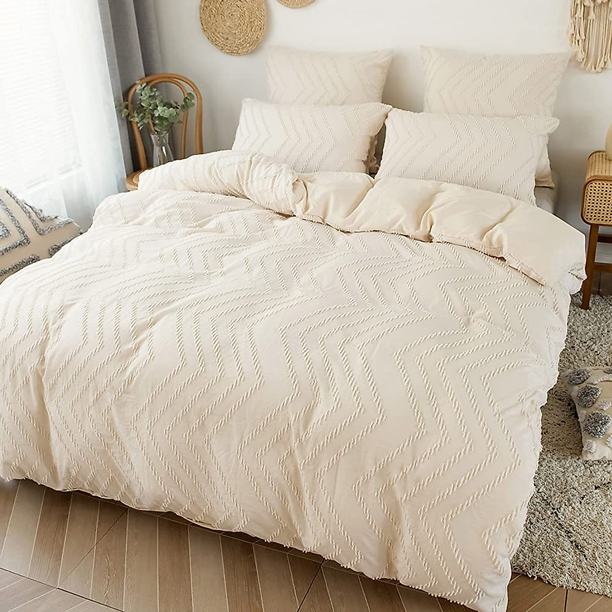 vctops Boho Wave Tufted Duvet Cover Set 3 Pieces Full Size Soft Embroidery Comforter Cover Sets for All Seasons (Khaki, Full)