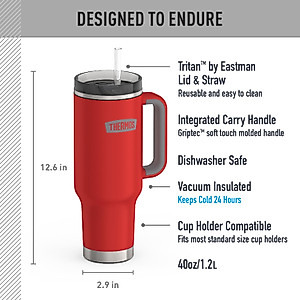 THERMOS Stainless Steel Cup Holder Mug - 40 Ounce, Crimson - Insulated Tumbler with Lid and Straw, Plus Leak-Resistant Slide Lock