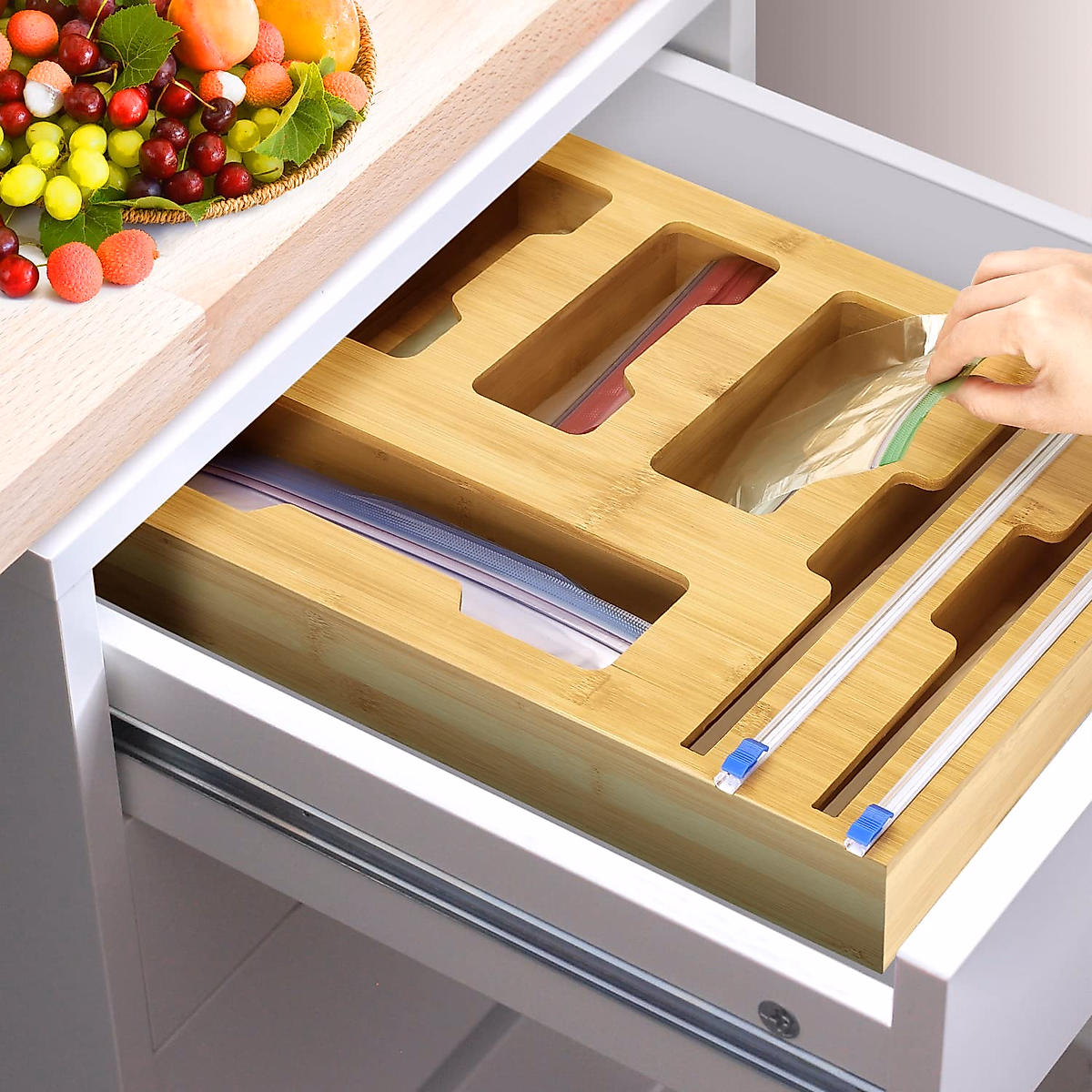 Wattne Bag Storage Organizer for Kitchen Drawer & Wrap Dispenser with Cutter, 6 in 1 Bamboo Organizer Compatible with 12" Aluminum Foil Roll, Suitable for Gallon, Quart, Sandwich Bags, Roll etc
