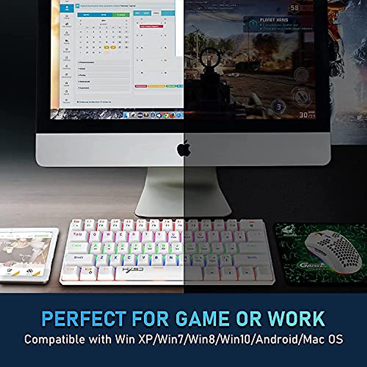 60% True Mechanical Gaming Keyboard Mouse Set, Type C Wired 61 Keys Layout Rainbow LED Backlit USB Waterproof Keyboard Anti-ghosting Keys+Lightweight RGB Mice 6400DPI for Computer/PC/Laptop/MAC(White)