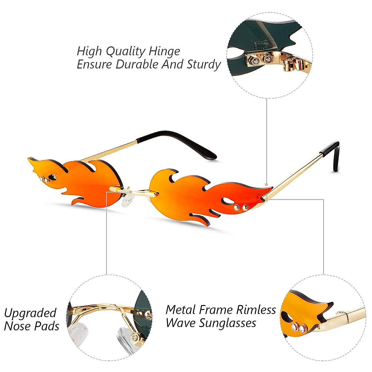 Fire Flame Sunglasses Rimless Flame Shaped Sun Glasses Wave Fire Shaped Glasses for Women Men Party Supplies Photo Props (4 Pairs, Red, Purple, Gray and Green)