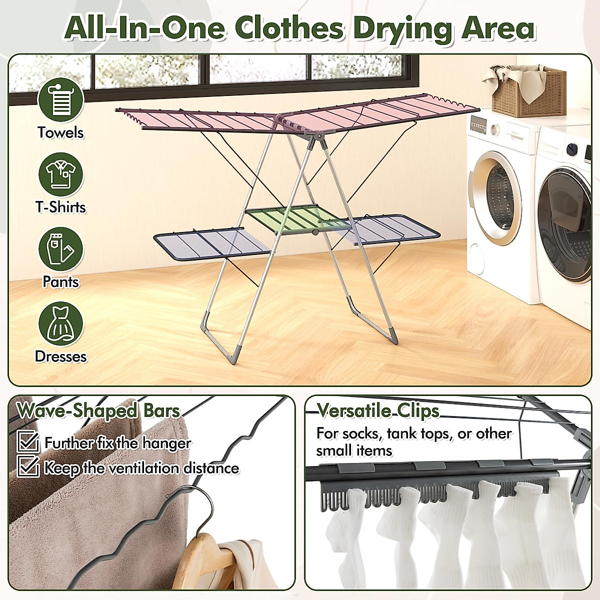 Tangkula Laundry Drying Rack, Foldable Clothes Drying Rack with Height Adjustable Wings, 33 Drying Rails & Sock Clips, Freestanding Gullwing Garment Stand for Indoor & Outdoor Use (Sliver+Grey)