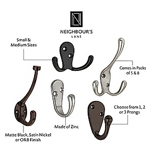 Neighbours Lane Towel Hooks for Bathroom Wall Mounted - Satin Nickel Double Prong Wall Hooks for Hanging Coats, Clothes, Bags, Hats, Towels, & More - Pack of 5 Small-Sized Hooks