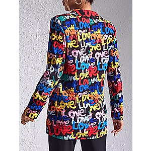 WDIRARA Women's Color Block Graphic Print Long Sleeve Lapel Blazer Jacket Multicolor Letters L