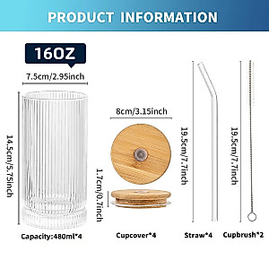 Ribbed Glass Cups With Lids And Straws, 16oz Drinking Glasses, Vintage Glassware Set of 4 Large, Origami Style Cocktail Glasses, Tumbler for Bar Beverages, Whiskey (4PCS-16 Oz With Lid And Straw)