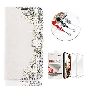 STENES Bling Wallet Phone Case Compatible with Samsung Galaxy Z Fold 5 5G - Stylish - 3D Handmade Flowers Flowers Design Leather Cover with Neck Strap Lanyard & Screen Protector - White