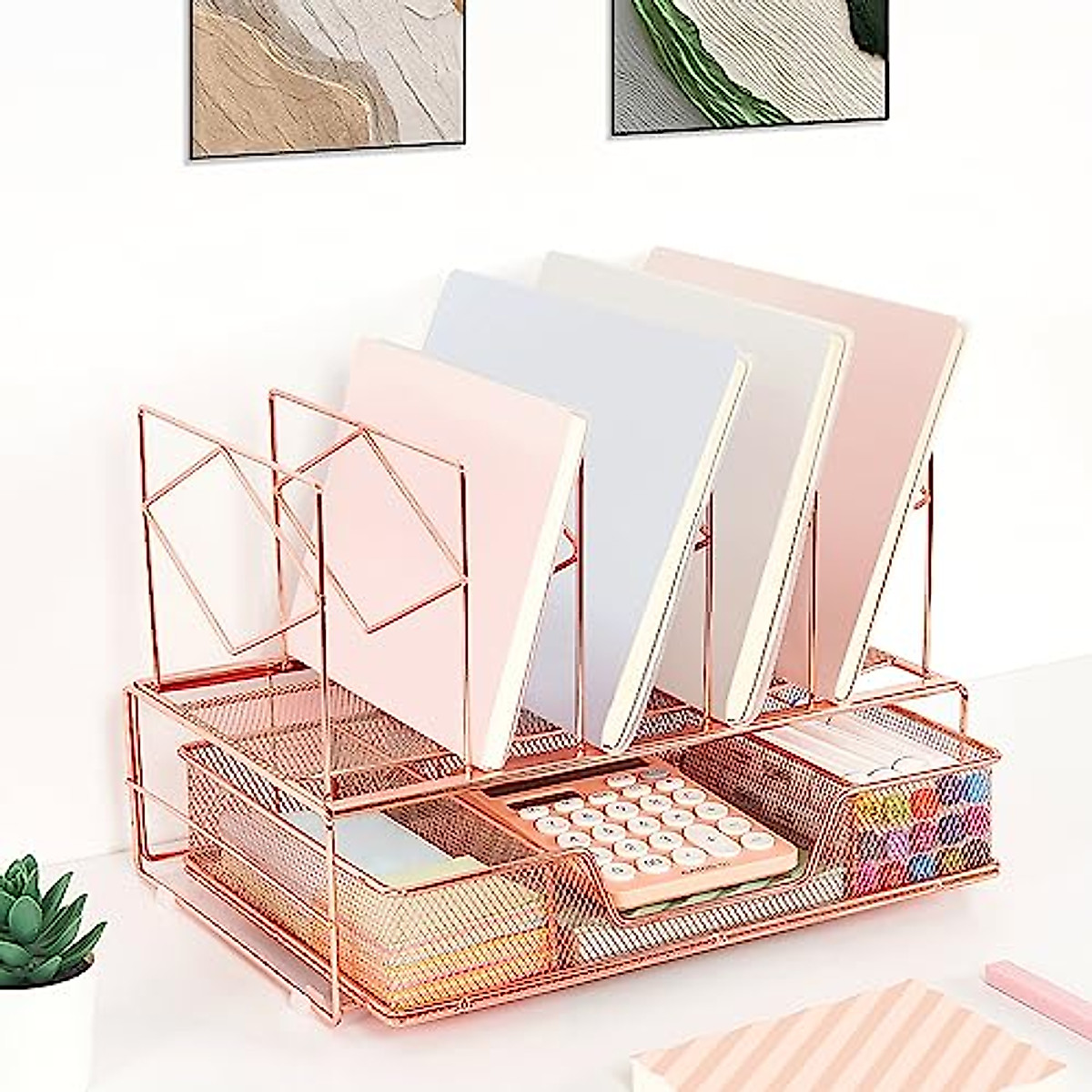 LEKETREE Rose Gold Desk Organizer with Drawers, Office Supplies for Women, Desk Organization with 5 Upright Sections, Desk Accessories & Workspace Organizers
