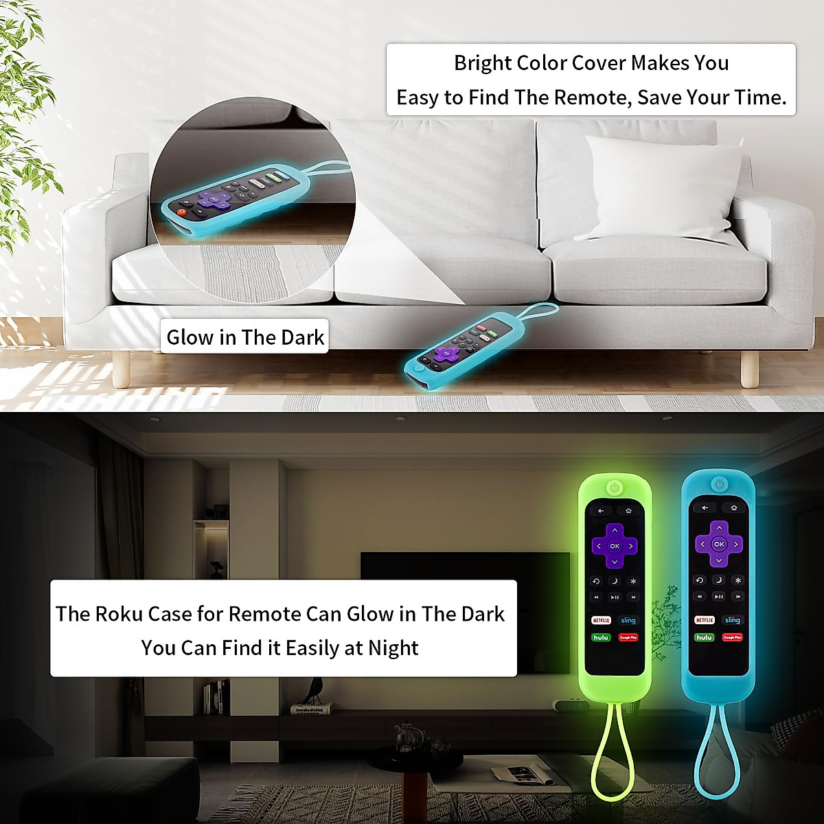 2 Pack Roku Remote Cover Silicone Protective Case for Roku TV TCL Roku 2/3/4/ Express/Premiere/Voice/Streaming Stick/Ultra RC280 Anti Slip Remote Sleeve Anti-lost Glow in The Dark (Glow Green + Blue)