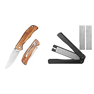 Folding Pocket Knife with Liner lock Stainless Blade Brown Wood Handle with Belt Clip Diamond Sharpening Stone Folding Knife Sharpener Garden Tools